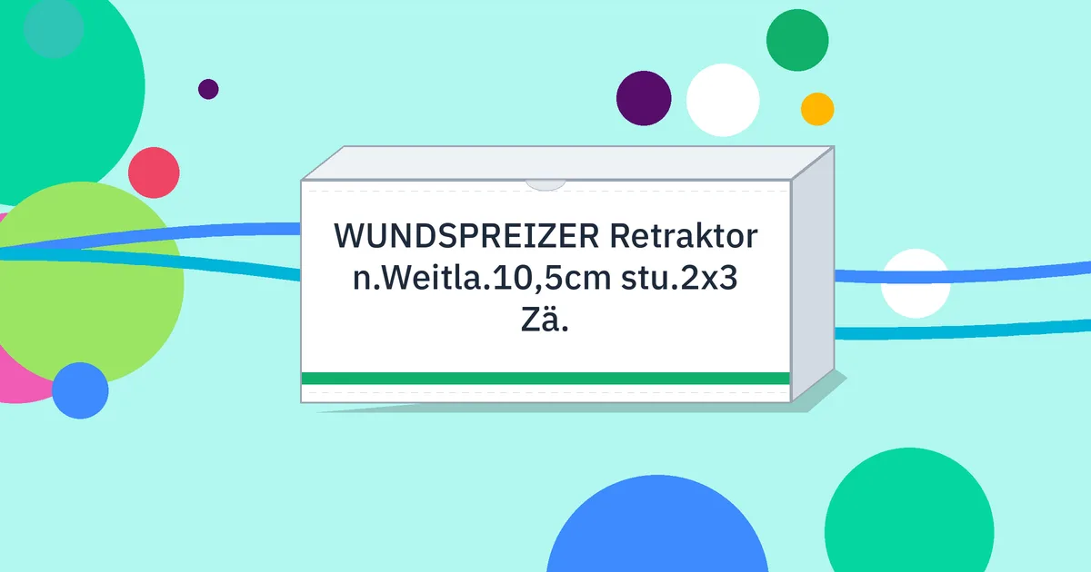 Symbolbild: Packung mit der Aufschrift WUNDSPREIZER Retraktor n.Weitla.10,5cm stu.2x3 Zä. (PZN 19624542) – Verfügbarkeit und Bezug in Apotheken in Frankfurt am Main
