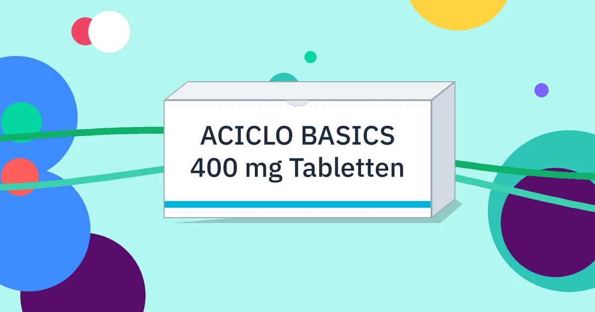 Symbolbild: Packung mit der Aufschrift ACICLO BASICS 400 mg Tabletten (PZN 05520885) – Verfügbarkeit und Bezug in Apotheken in Frankfurt am Main