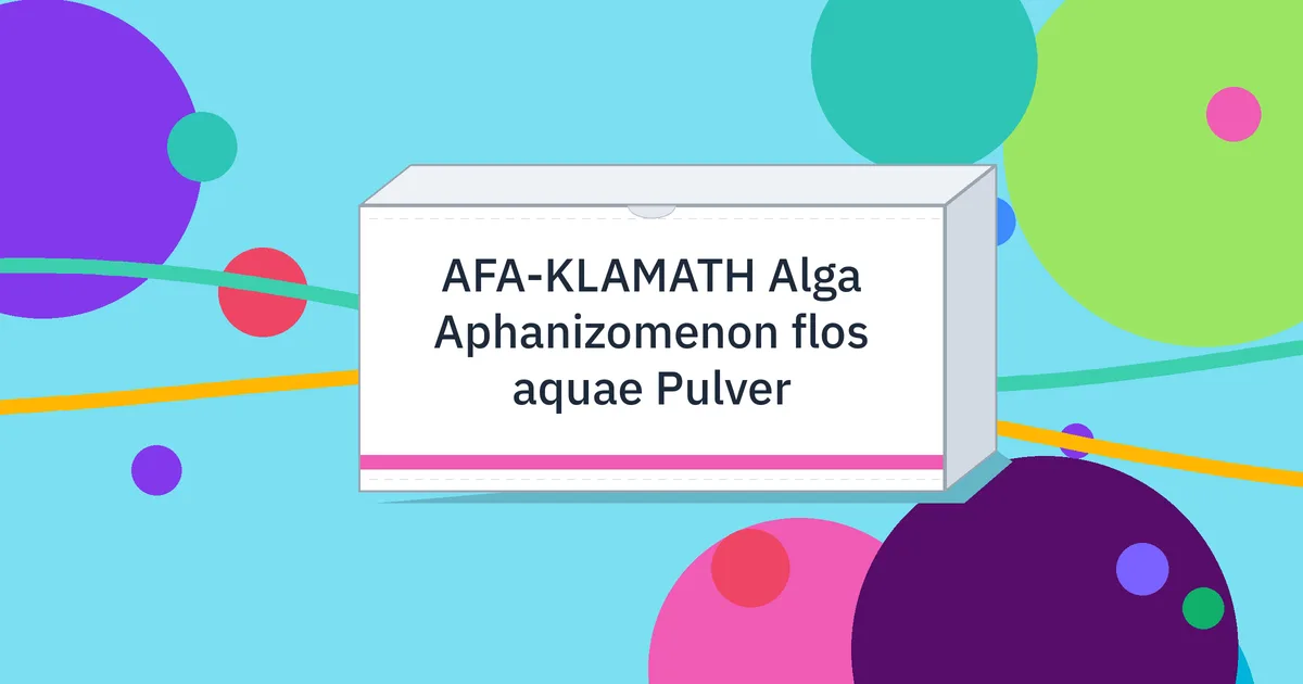 Symbolbild: Packung mit der Aufschrift AFA-KLAMATH Alga Aphanizomenon flos aquae Pulver (PZN 10008273) – Verfügbarkeit und Bezug in Apotheken in Frankfurt am Main