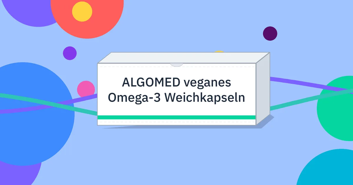 Symbolbild: Packung mit der Aufschrift ALGOMED veganes Omega-3 Weichkapseln (PZN 19381217) – Verfügbarkeit und Bezug in Apotheken in Frankfurt am Main