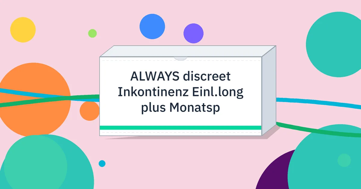 Symbolbild: Packung mit der Aufschrift ALWAYS discreet Inkontinenz Einl.long plus Monatsp (PZN 17442989) – Verfügbarkeit und Bezug in Apotheken in Frankfurt am Main