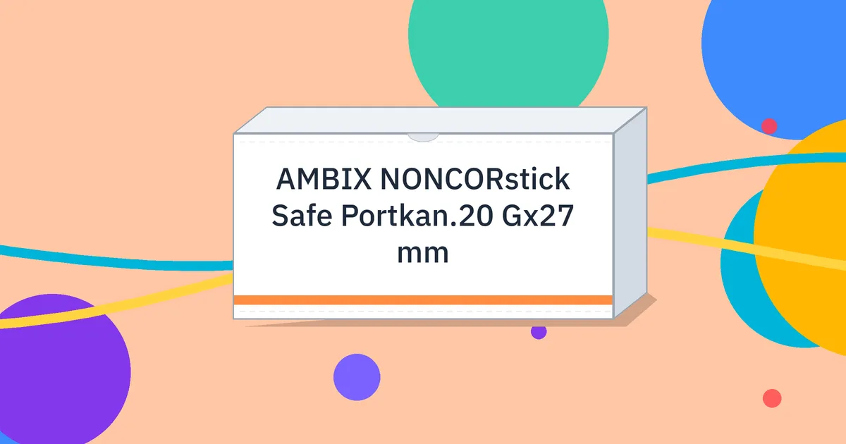 Symbolbild: Packung mit der Aufschrift AMBIX NONCORstick Safe Portkan.20 Gx27 mm (PZN 10048924) – Verfügbarkeit und Bezug in Apotheken in Frankfurt am Main
