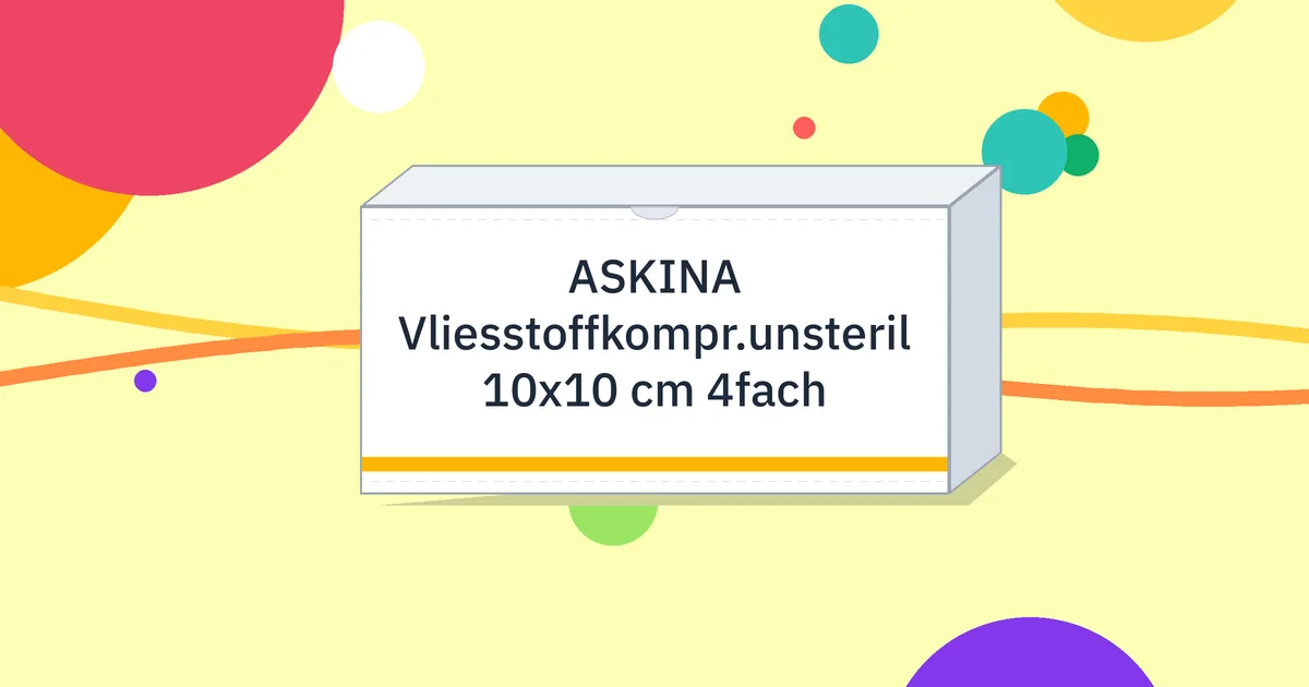 Symbolbild: Packung mit der Aufschrift ASKINA Vliesstoffkompr.unsteril 10x10 cm 4fach (PZN 10041052) – Verfügbarkeit und Bezug in Apotheken in Frankfurt am Main