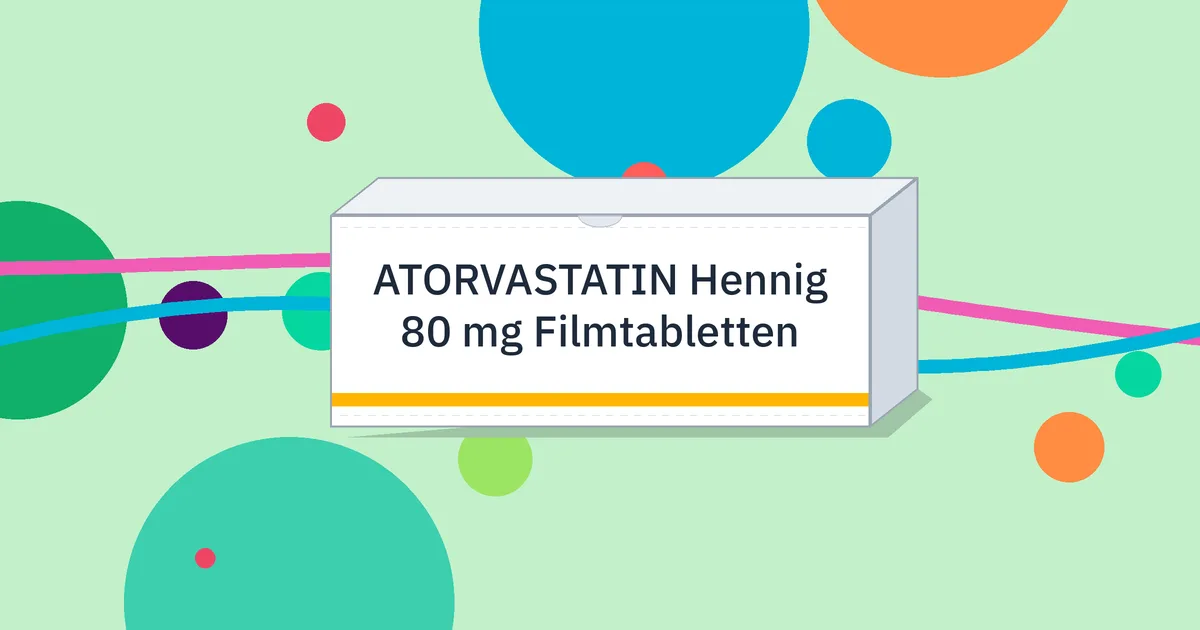 Symbolbild: Packung mit der Aufschrift ATORVASTATIN Hennig 80 mg Filmtabletten (PZN 09533301) – Verfügbarkeit und Bezug in Apotheken in Frankfurt am Main