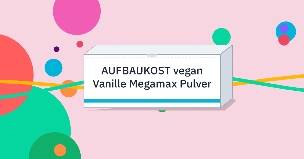 Symbolbild: Packung mit der Aufschrift AUFBAUKOST vegan Vanille Megamax Pulver (PZN 18497225) – Verfügbarkeit und Bezug in Apotheken in Frankfurt am Main