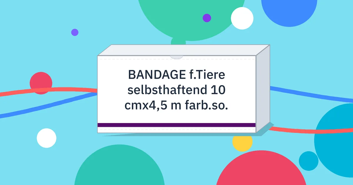 Symbolbild: Packung mit der Aufschrift BANDAGE f.Tiere selbsthaftend 10 cmx4,5 m farb.so. (PZN 09230871) – Verfügbarkeit und Bezug in Apotheken in Frankfurt am Main
