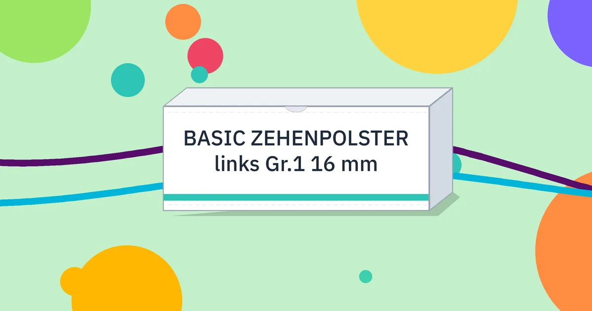 Symbolbild: Packung mit der Aufschrift BASIC ZEHENPOLSTER links Gr.1 16 mm (PZN 15380830) – Verfügbarkeit und Bezug in Apotheken in Frankfurt am Main