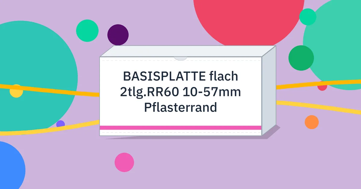 Symbolbild: Packung mit der Aufschrift BASISPLATTE flach 2tlg.RR60 10-57mm Pflasterrand (PZN 10636928) – Verfügbarkeit und Bezug in Apotheken in Frankfurt am Main