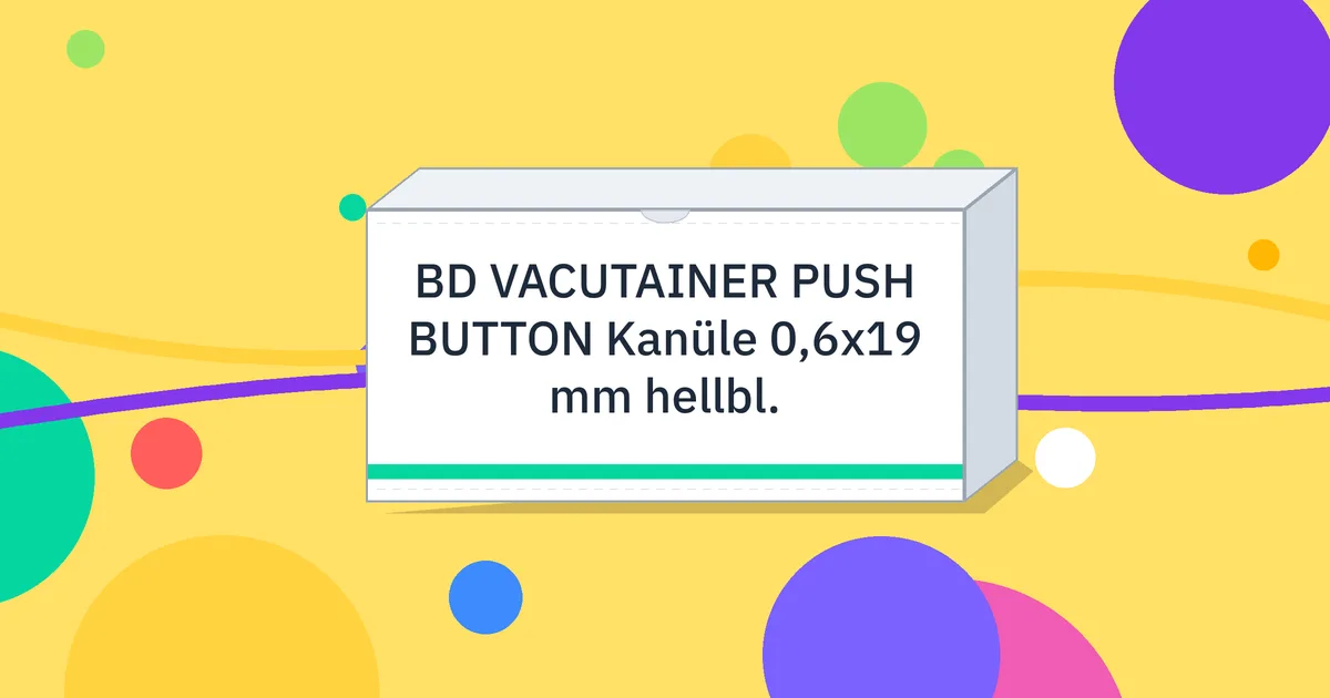 Symbolbild: Packung mit der Aufschrift BD VACUTAINER PUSH BUTTON Kanüle 0,6x19 mm hellbl. (PZN 09527938) – Verfügbarkeit und Bezug in Apotheken in Frankfurt am Main