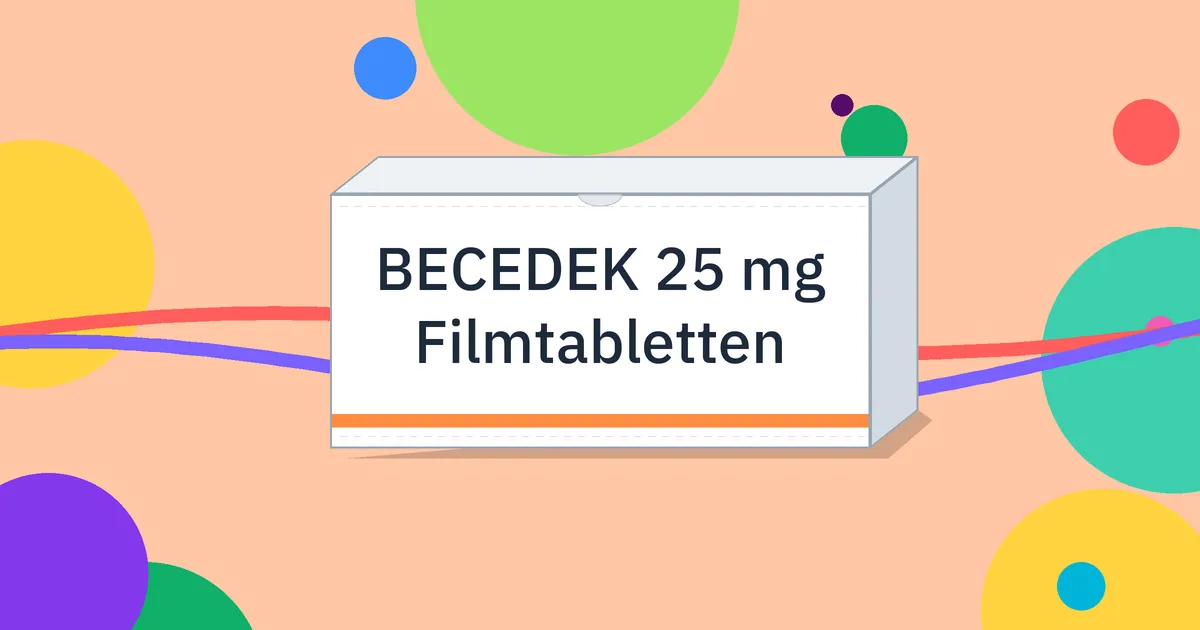 Symbolbild: Packung mit der Aufschrift BECEDEK 25 mg Filmtabletten (PZN 20372577) – Verfügbarkeit und Bezug in Apotheken in Frankfurt am Main