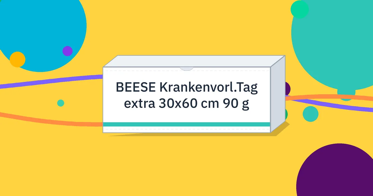 Symbolbild: Packung mit der Aufschrift BEESE Krankenvorl.Tag extra 30x60 cm 90 g (PZN 02214188) – Verfügbarkeit und Bezug in Apotheken in Frankfurt am Main
