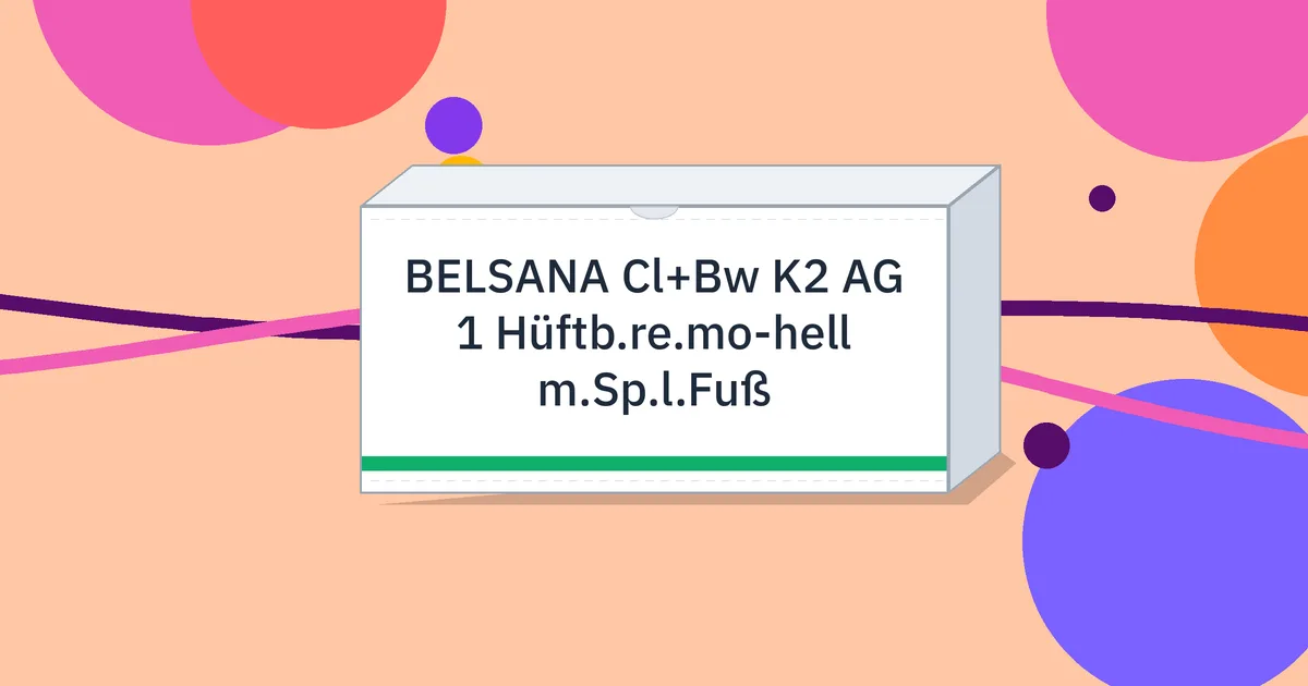 Symbolbild: Packung mit der Aufschrift BELSANA Cl+Bw K2 AG 1 Hüftb.re.mo-hell m.Sp.l.Fuß (PZN 12253887) – Verfügbarkeit und Bezug in Apotheken in Frankfurt am Main