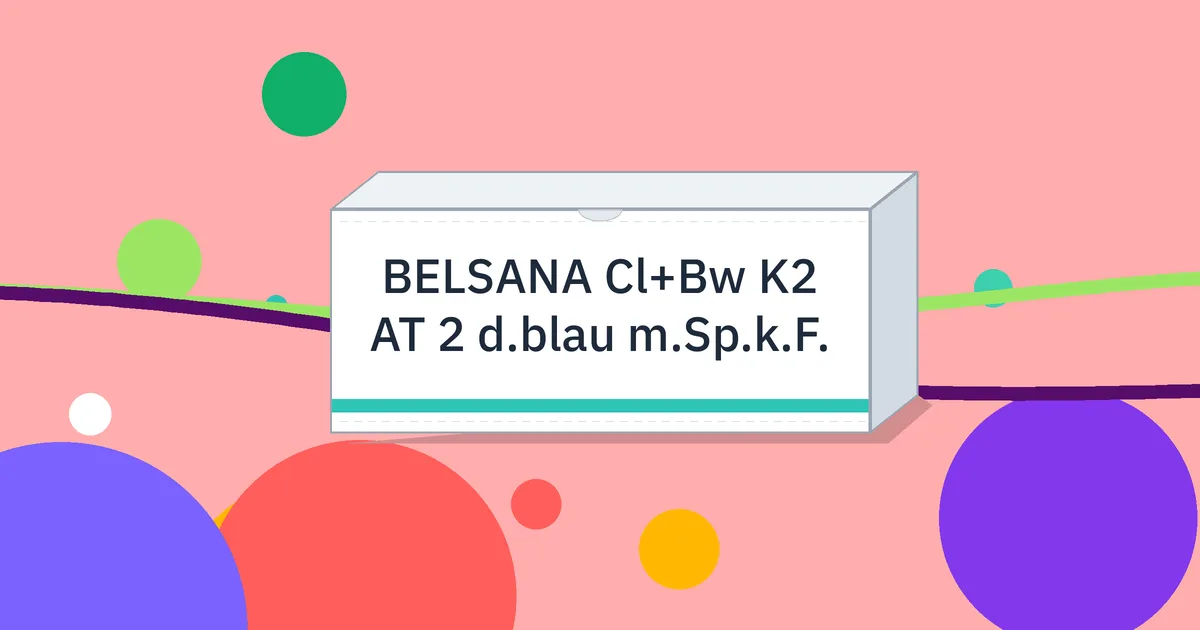 Symbolbild: Packung mit der Aufschrift BELSANA Cl+Bw K2 AT 2 d.blau m.Sp.k.F. (PZN 15627762) – Verfügbarkeit und Bezug in Apotheken in Frankfurt am Main