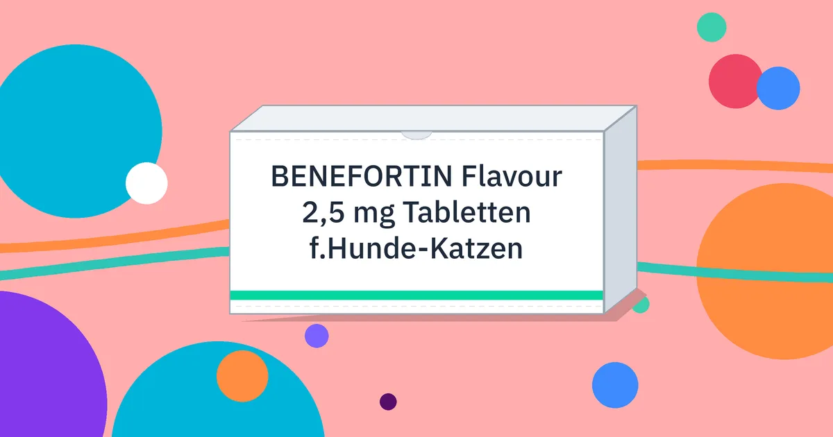Symbolbild: Packung mit der Aufschrift BENEFORTIN Flavour 2,5 mg Tabletten f.Hunde-Katzen (PZN 09631819) – Verfügbarkeit und Bezug in Apotheken in Frankfurt am Main