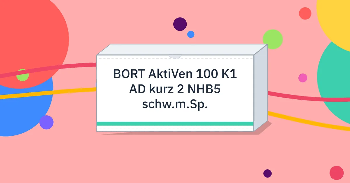 Symbolbild: Packung mit der Aufschrift BORT AktiVen 100 K1 AD kurz 2 NHB5 schw.m.Sp. (PZN 17497447) – Verfügbarkeit und Bezug in Apotheken in Frankfurt am Main