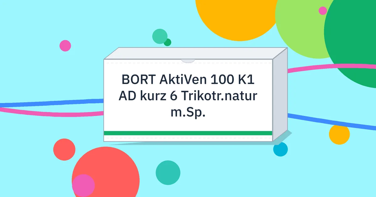 Symbolbild: Packung mit der Aufschrift BORT AktiVen 100 K1 AD kurz 6 Trikotr.natur m.Sp. (PZN 13726253) – Verfügbarkeit und Bezug in Apotheken in Frankfurt am Main