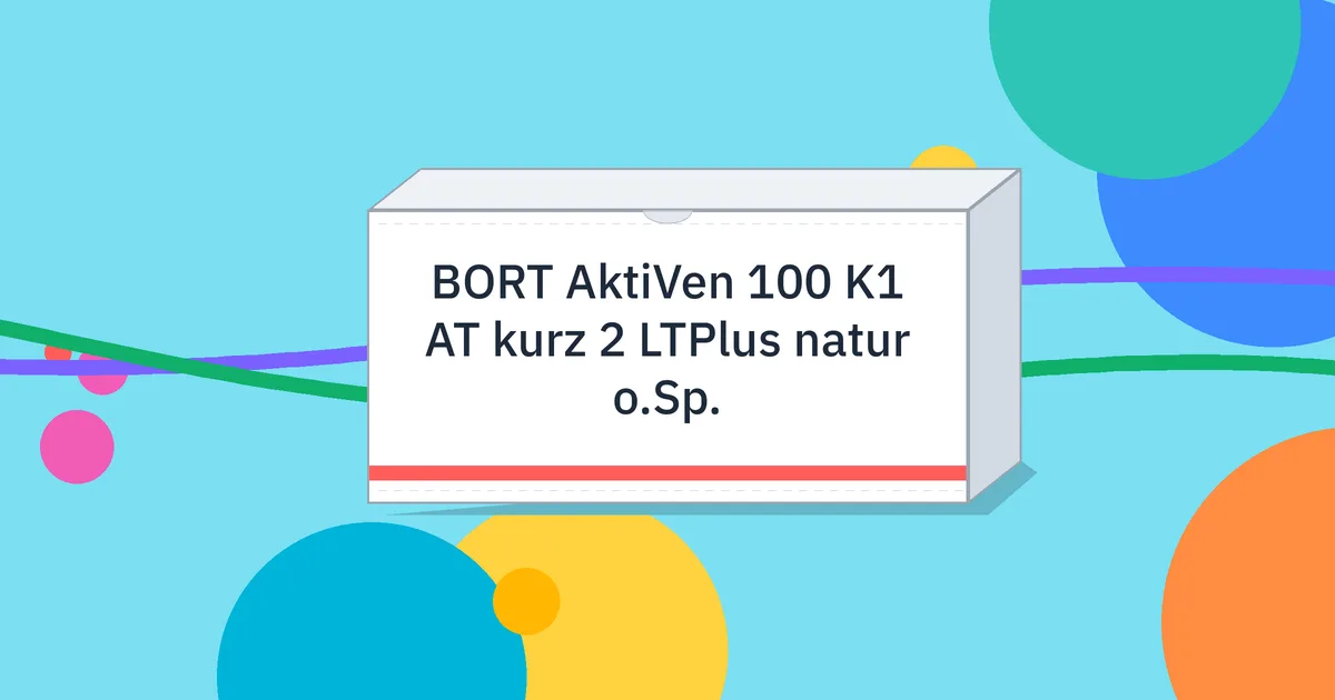 Symbolbild: Packung mit der Aufschrift BORT AktiVen 100 K1 AT kurz 2 LTPlus natur o.Sp. (PZN 18175438) – Verfügbarkeit und Bezug in Apotheken in Frankfurt am Main