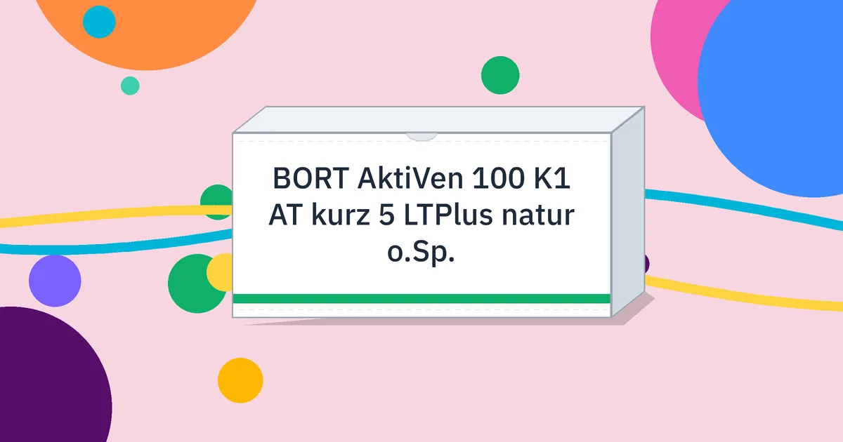 Symbolbild: Packung mit der Aufschrift BORT AktiVen 100 K1 AT kurz 5 LTPlus natur o.Sp. (PZN 18175467) – Verfügbarkeit und Bezug in Apotheken in Frankfurt am Main