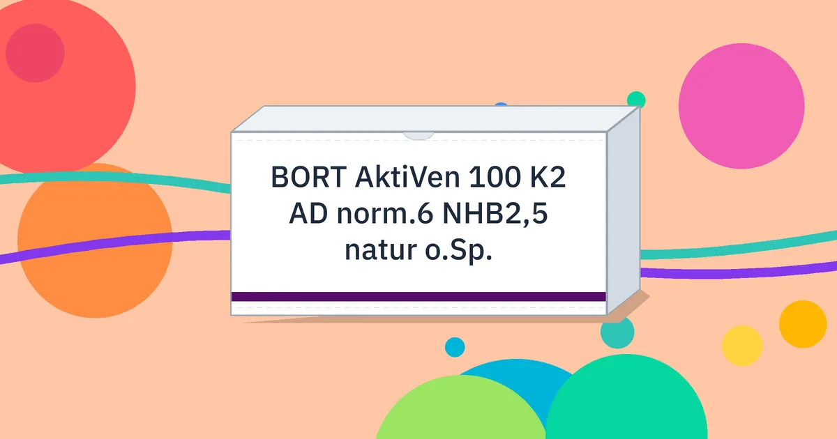 Symbolbild: Packung mit der Aufschrift BORT AktiVen 100 K2 AD norm.6 NHB2,5 natur o.Sp. (PZN 17498613) – Verfügbarkeit und Bezug in Apotheken in Frankfurt am Main