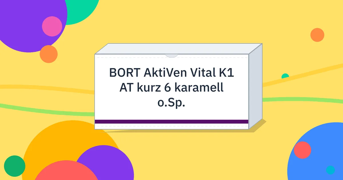 Symbolbild: Packung mit der Aufschrift BORT AktiVen Vital K1 AT kurz 6 karamell o.Sp. (PZN 13737038) – Verfügbarkeit und Bezug in Apotheken in Frankfurt am Main