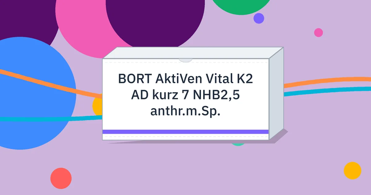 Symbolbild: Packung mit der Aufschrift BORT AktiVen Vital K2 AD kurz 7 NHB2,5 anthr.m.Sp. (PZN 17499877) – Verfügbarkeit und Bezug in Apotheken in Frankfurt am Main