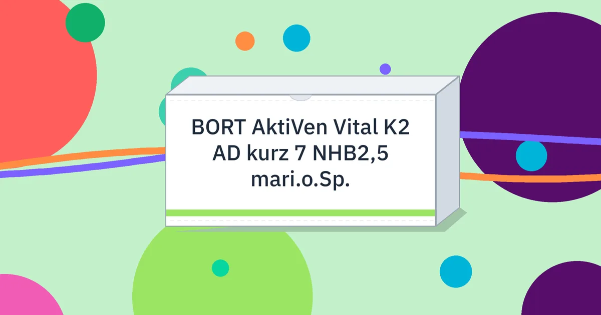 Symbolbild: Packung mit der Aufschrift BORT AktiVen Vital K2 AD kurz 7 NHB2,5 mari.o.Sp. (PZN 17499363) – Verfügbarkeit und Bezug in Apotheken in Frankfurt am Main
