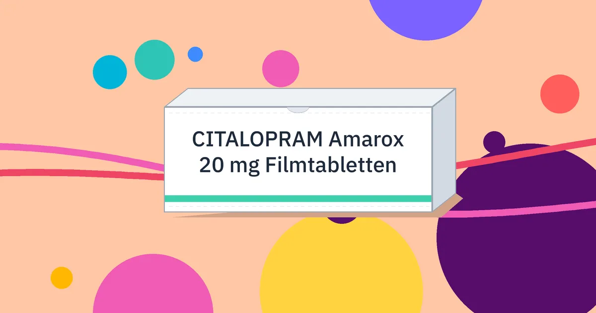Symbolbild: Packung mit der Aufschrift CITALOPRAM Amarox 20 mg Filmtabletten (PZN 17907483) – Verfügbarkeit und Bezug in Apotheken in Frankfurt am Main