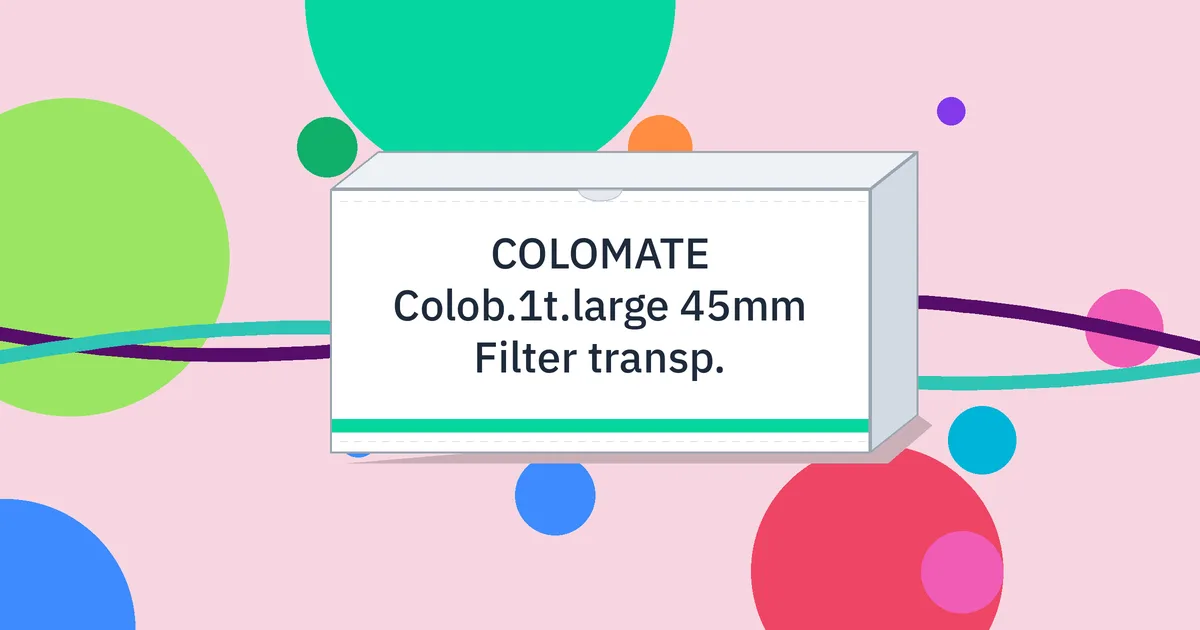 Symbolbild: Packung mit der Aufschrift COLOMATE Colob.1t.large 45mm Filter transp. (PZN 03740275) – Verfügbarkeit und Bezug in Apotheken in Frankfurt am Main