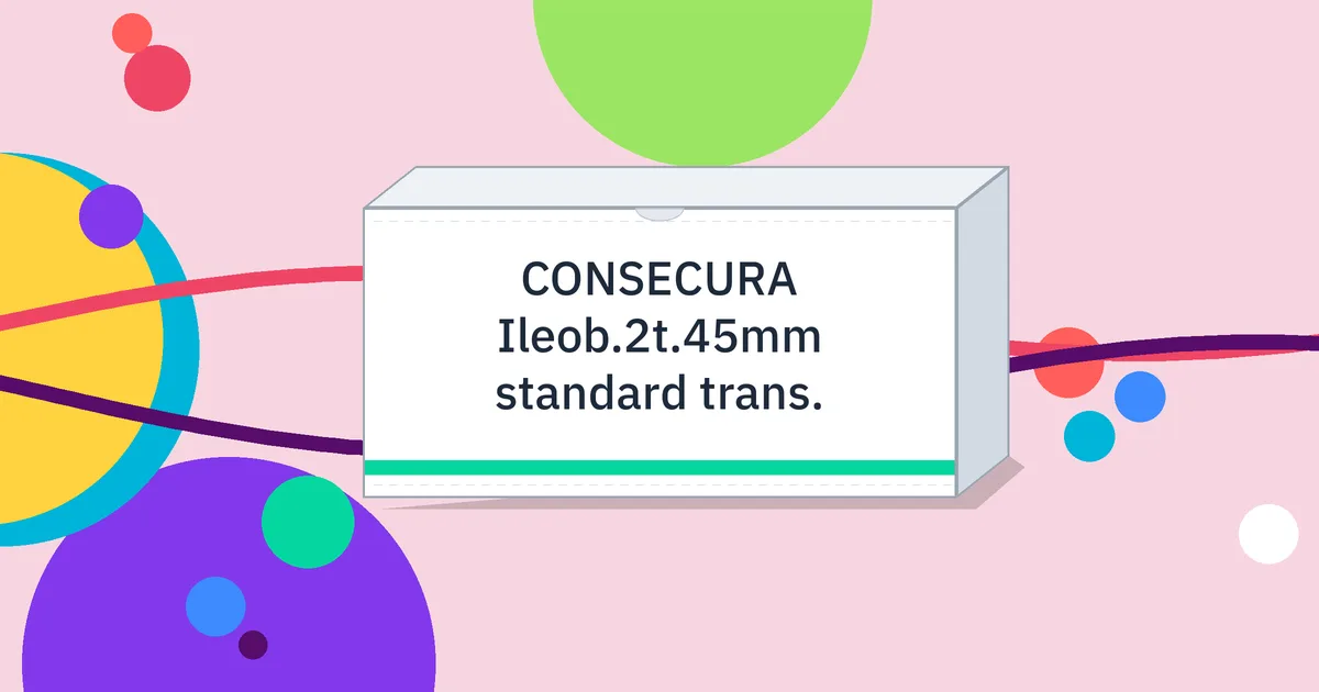 Symbolbild: Packung mit der Aufschrift CONSECURA Ileob.2t.45mm standard trans. (PZN 00569622) – Verfügbarkeit und Bezug in Apotheken in Frankfurt am Main