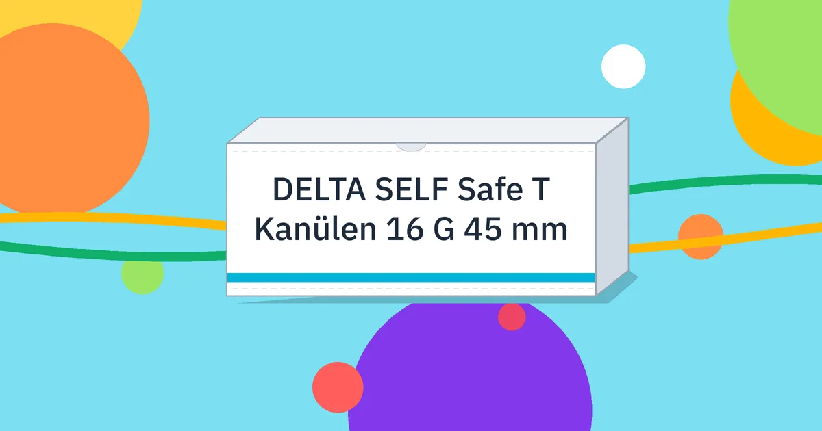 Symbolbild: Packung mit der Aufschrift DELTA SELF Safe T Kanülen 16 G 45 mm (PZN 07766337) – Verfügbarkeit und Bezug in Apotheken in Frankfurt am Main