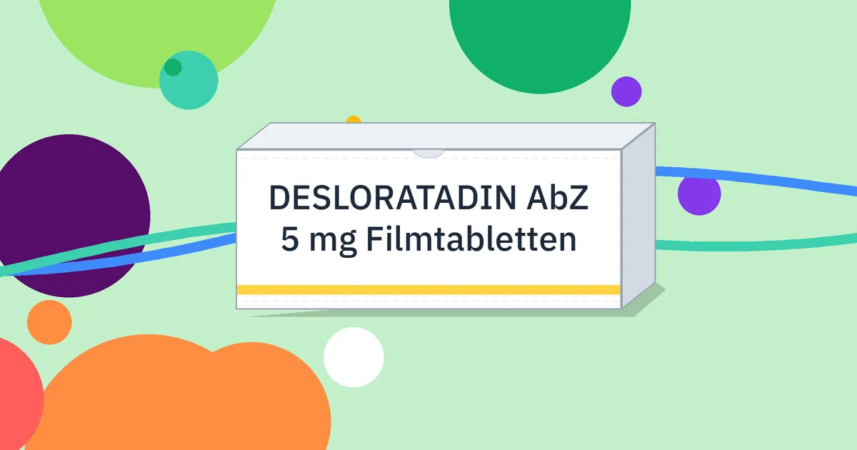 Symbolbild: Packung mit der Aufschrift DESLORATADIN AbZ 5 mg Filmtabletten (PZN 09714758) – Verfügbarkeit und Bezug in Apotheken in Frankfurt am Main