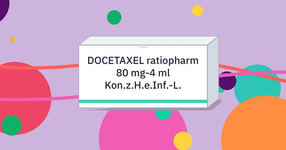 Symbolbild: Packung mit der Aufschrift DOCETAXEL ratiopharm 80 mg-4 ml Kon.z.H.e.Inf.-L. (PZN 07518409) – Verfügbarkeit und Bezug in Apotheken in Frankfurt am Main
