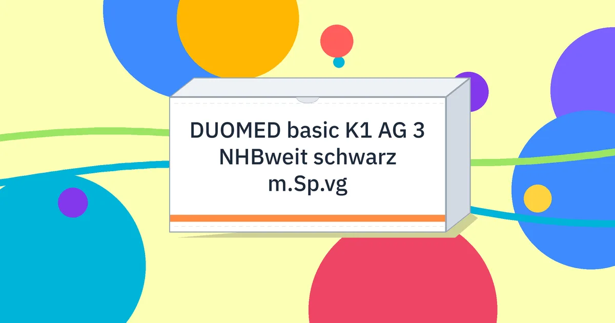 Symbolbild: Packung mit der Aufschrift DUOMED basic K1 AG 3 NHBweit schwarz m.Sp.vg (PZN 20905849) – Verfügbarkeit und Bezug in Apotheken in Frankfurt am Main