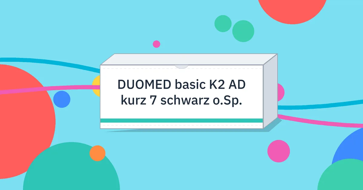 Symbolbild: Packung mit der Aufschrift DUOMED basic K2 AD kurz 7 schwarz o.Sp. (PZN 20907512) – Verfügbarkeit und Bezug in Apotheken in Frankfurt am Main