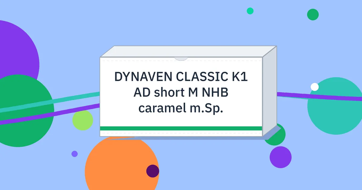 Symbolbild: Packung mit der Aufschrift DYNAVEN CLASSIC K1 AD short M NHB caramel m.Sp. (PZN 18415173) – Verfügbarkeit und Bezug in Apotheken in Frankfurt am Main