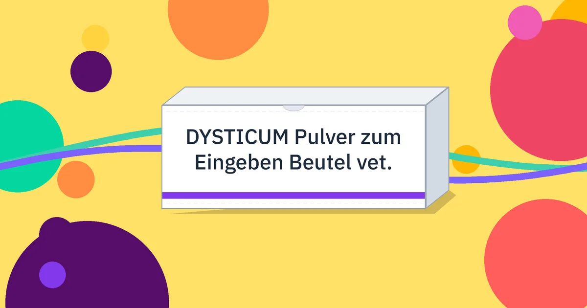 Symbolbild: Packung mit der Aufschrift DYSTICUM Pulver zum Eingeben Beutel vet. (PZN 19181688) – Verfügbarkeit und Bezug in Apotheken in Frankfurt am Main