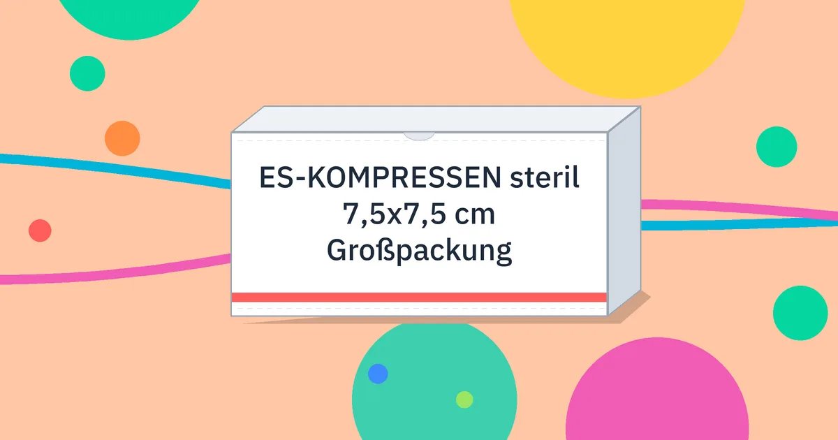 Symbolbild: Packung mit der Aufschrift ES-KOMPRESSEN steril 7,5x7,5 cm Großpackung (PZN 18715509) – Verfügbarkeit und Bezug in Apotheken in Frankfurt am Main