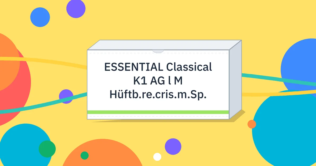 Symbolbild: Packung mit der Aufschrift ESSENTIAL Classical K1 AG l M Hüftb.re.cris.m.Sp. (PZN 17012421) – Verfügbarkeit und Bezug in Apotheken in Frankfurt am Main