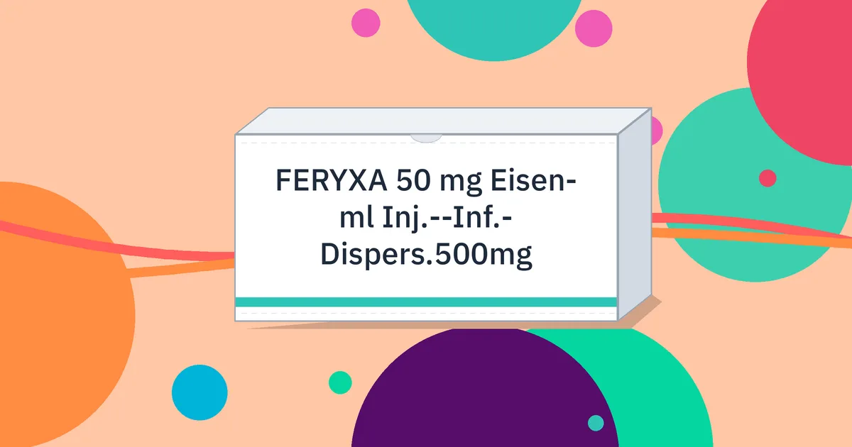 Symbolbild: Packung mit der Aufschrift FERYXA 50 mg Eisen-ml Inj.--Inf.-Dispers.500mg (PZN 18909171) – Verfügbarkeit und Bezug in Apotheken in Frankfurt am Main