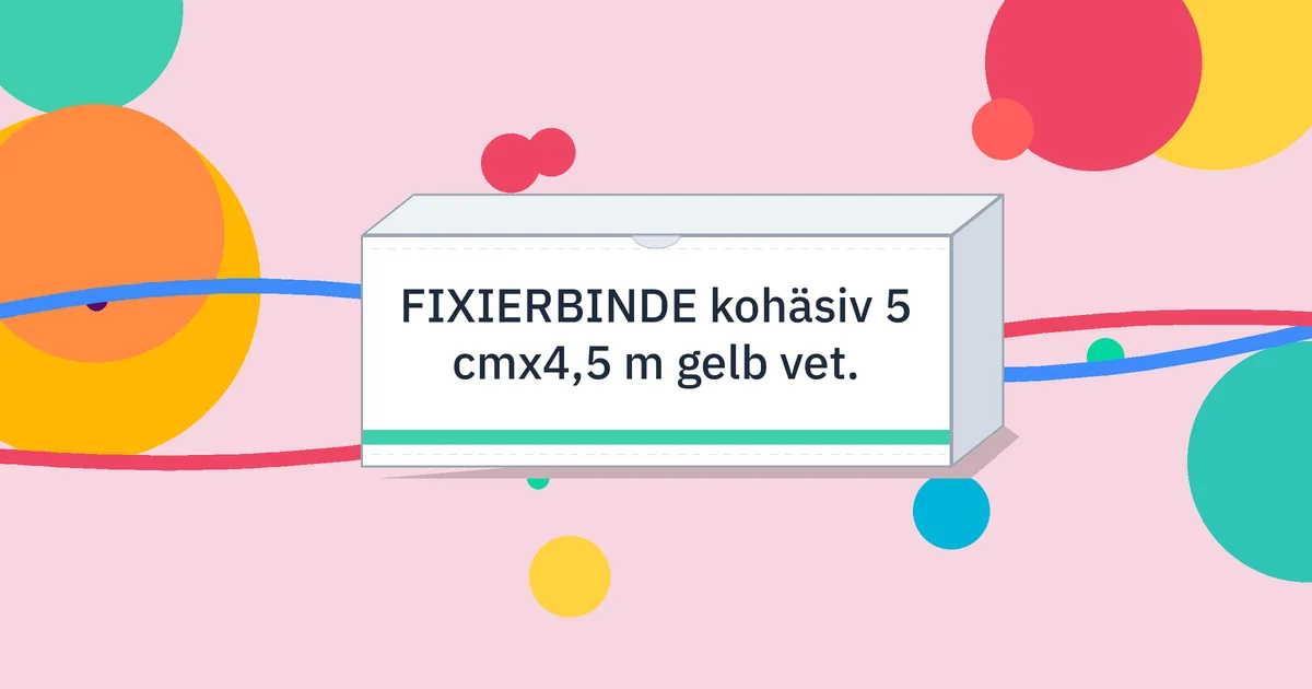 Symbolbild: Packung mit der Aufschrift FIXIERBINDE kohäsiv 5 cmx4,5 m gelb vet. (PZN 18605146) – Verfügbarkeit und Bezug in Apotheken in Frankfurt am Main