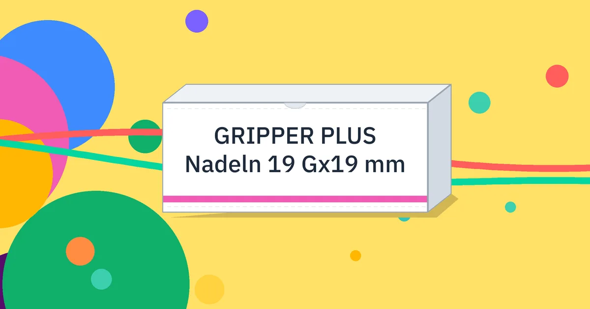 Symbolbild: Packung mit der Aufschrift GRIPPER PLUS Nadeln 19 Gx19 mm (PZN 00108565) – Verfügbarkeit und Bezug in Apotheken in Frankfurt am Main