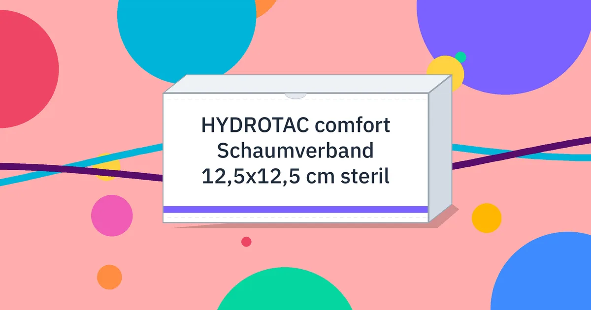 Symbolbild: Packung mit der Aufschrift HYDROTAC comfort Schaumverband 12,5x12,5 cm steril (PZN 18127824) – Verfügbarkeit und Bezug in Apotheken in Frankfurt am Main