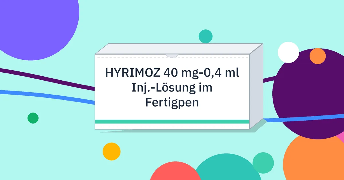 Symbolbild: Packung mit der Aufschrift HYRIMOZ 40 mg-0,4 ml Inj.-Lösung im Fertigpen (PZN 19400386) – Verfügbarkeit und Bezug in Apotheken in Frankfurt am Main