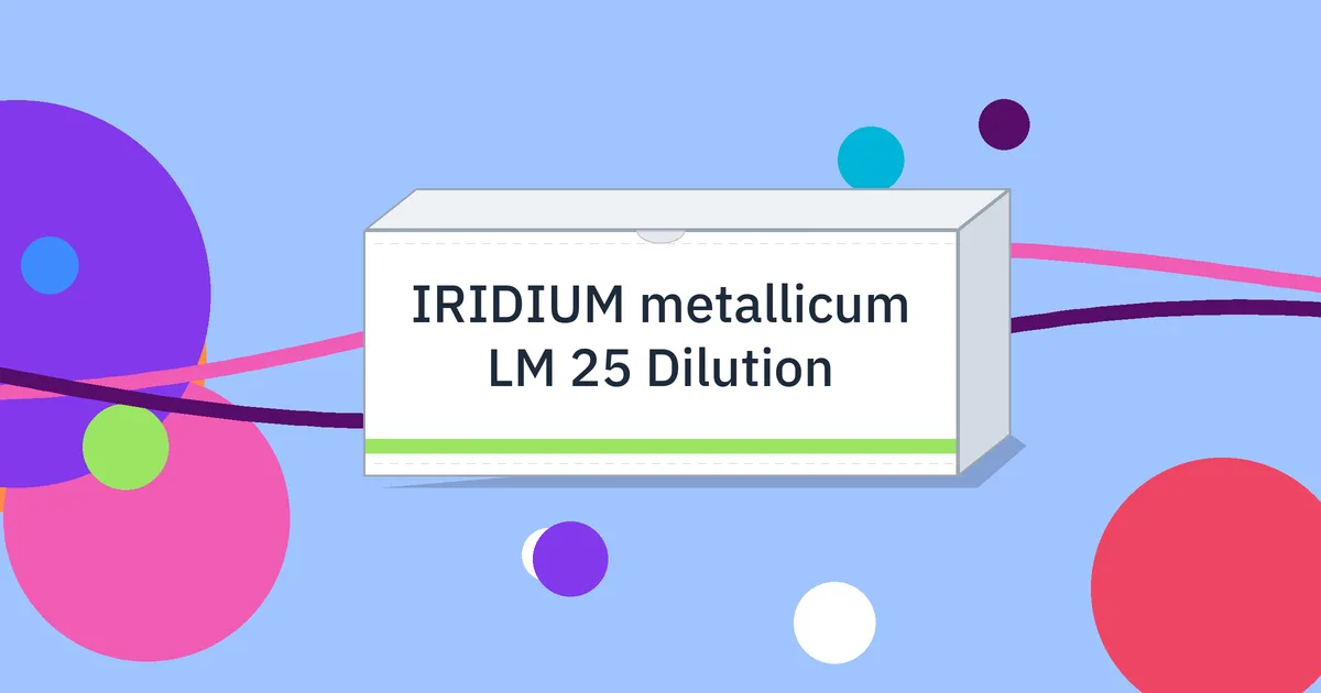 Symbolbild: Packung mit der Aufschrift IRIDIUM metallicum LM 25 Dilution (PZN 12913616) – Verfügbarkeit und Bezug in Apotheken in Frankfurt am Main