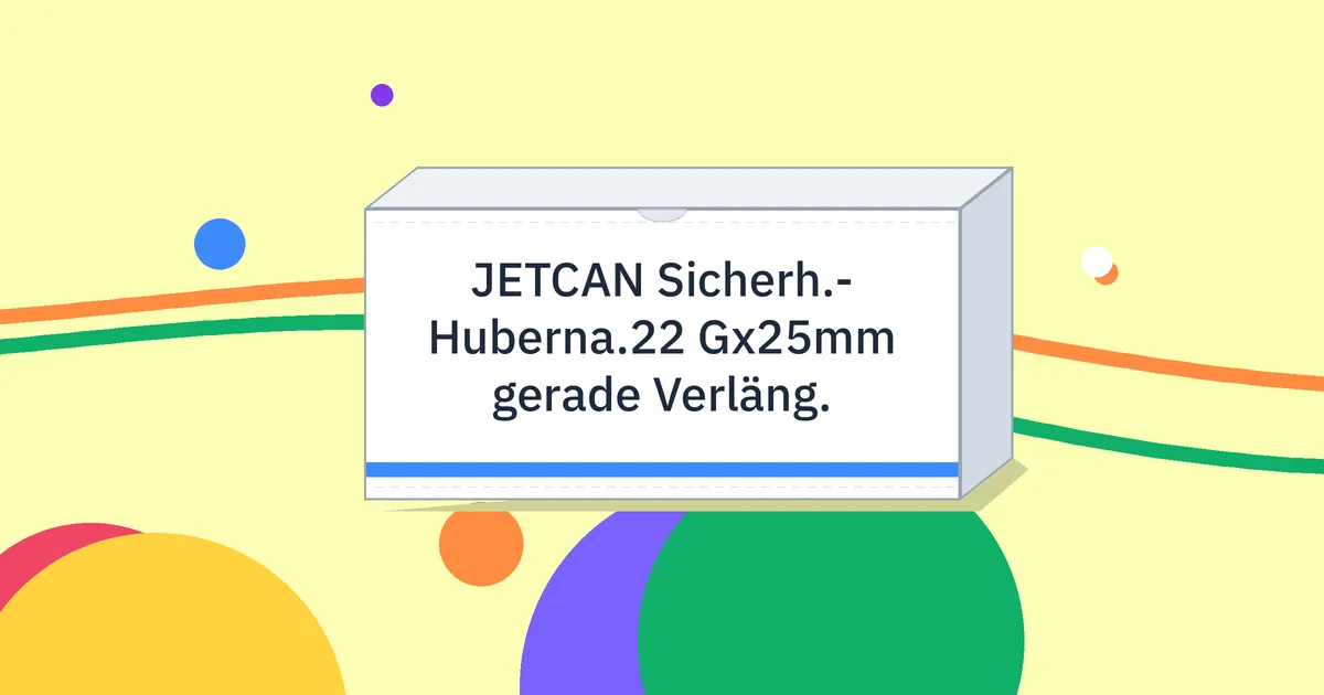 Symbolbild: Packung mit der Aufschrift JETCAN Sicherh.-Huberna.22 Gx25mm gerade Verläng. (PZN 20836114) – Verfügbarkeit und Bezug in Apotheken in Frankfurt am Main
