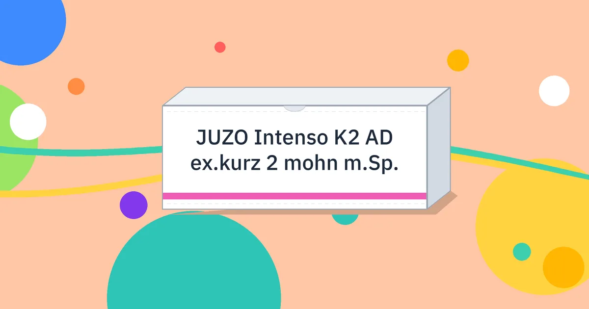 Symbolbild: Packung mit der Aufschrift JUZO Intenso K2 AD ex.kurz 2 mohn m.Sp. (PZN 18608245) – Verfügbarkeit und Bezug in Apotheken in Frankfurt am Main
