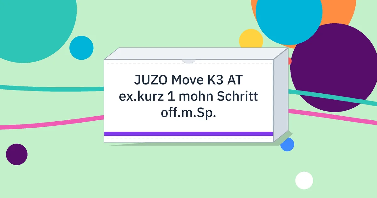 Symbolbild: Packung mit der Aufschrift JUZO Move K3 AT ex.kurz 1 mohn Schritt off.m.Sp. (PZN 20680735) – Verfügbarkeit und Bezug in Apotheken in Frankfurt am Main