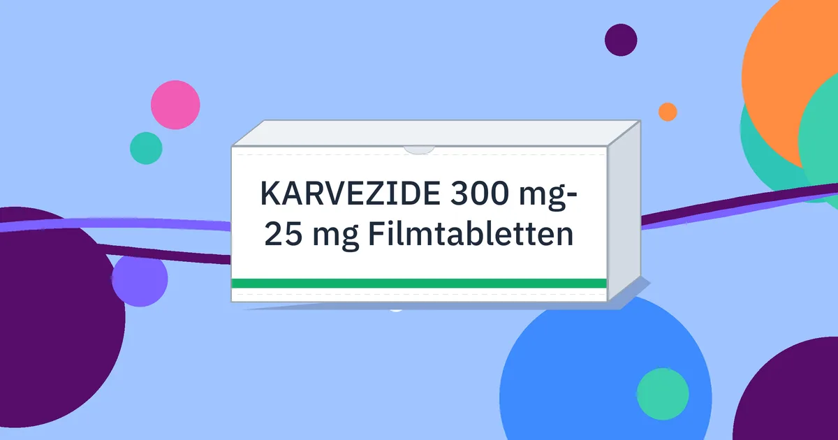 Symbolbild: Packung mit der Aufschrift KARVEZIDE 300 mg-25 mg Filmtabletten (PZN 06897327) – Verfügbarkeit und Bezug in Apotheken in Frankfurt am Main