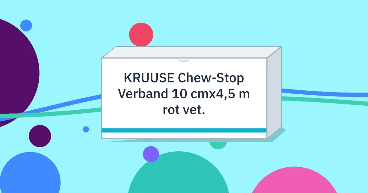 Symbolbild: Packung mit der Aufschrift KRUUSE Chew-Stop Verband 10 cmx4,5 m rot vet. (PZN 18443270) – Verfügbarkeit und Bezug in Apotheken in Frankfurt am Main