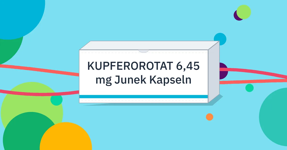 Symbolbild: Packung mit der Aufschrift KUPFEROROTAT 6,45 mg Junek Kapseln (PZN 11658613) – Verfügbarkeit und Bezug in Apotheken in Frankfurt am Main